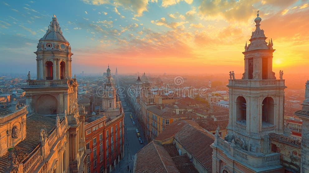 A Large Group of Churches on Top of a Steeple at Sunset Stock Photo ...