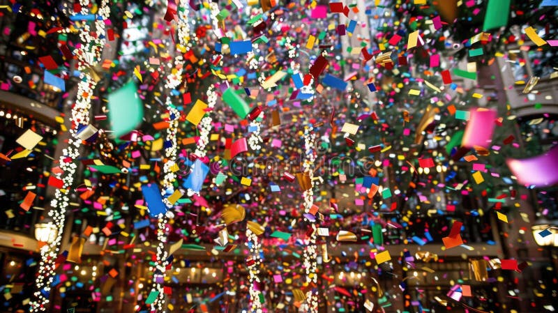 A Large Group of Colorful Confetti Falling from the Ceiling in a ...