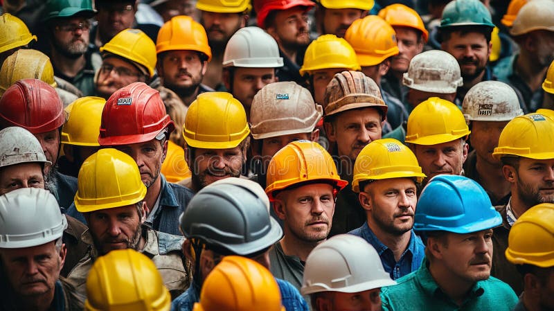 Large Group of Construction Workers in Hard Hats, Ready for Work Stock ...