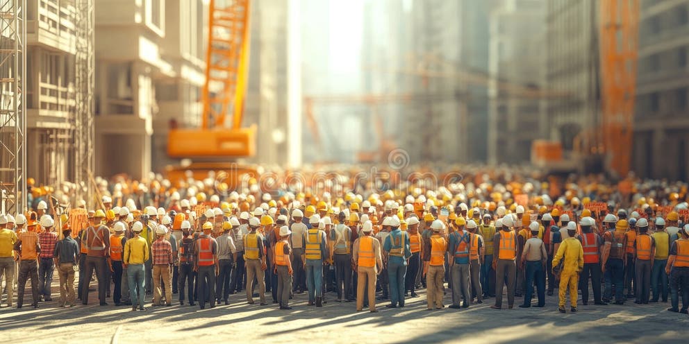 Large Group of Construction Workers in Protest Background, Workers ...