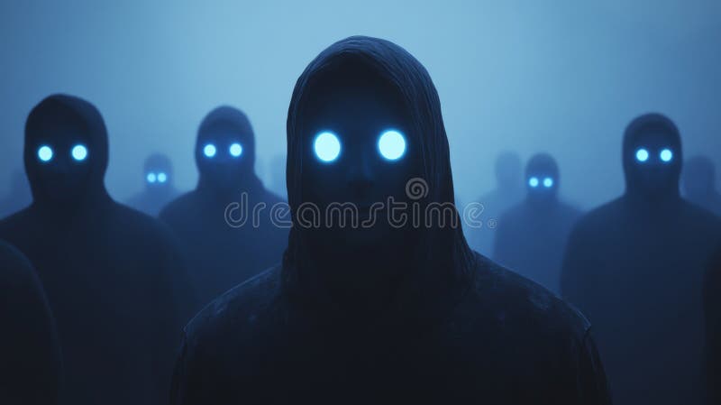 A Large Group of Dark Blue Human Heads Featuring Bright Orange Lights ...