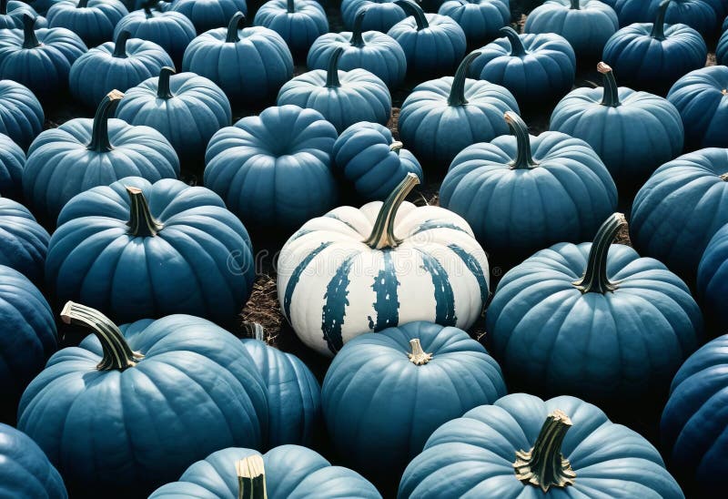 A Large Group of Dark Blue Pumpkins with White Stripes Stock ...