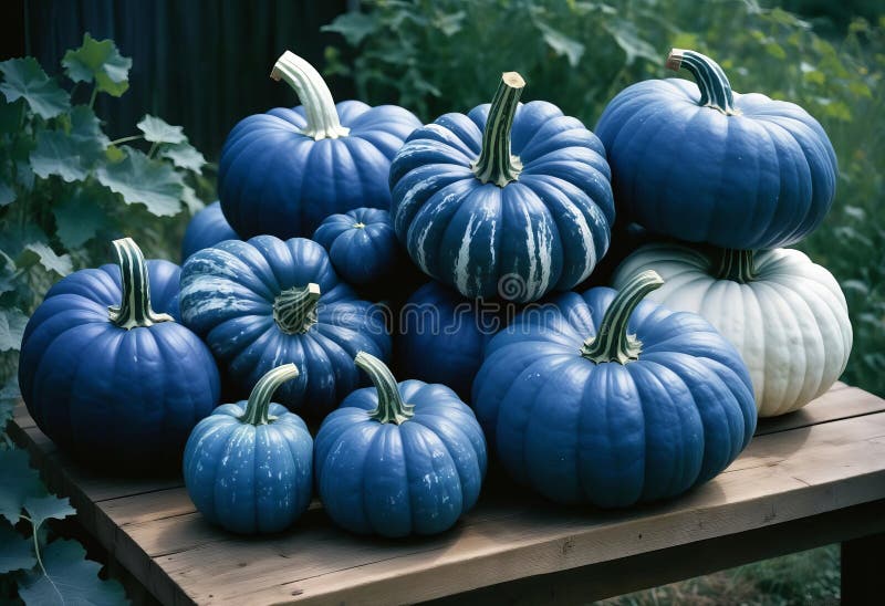 A Large Group of Dark Blue Pumpkins with White Stripes Stock ...