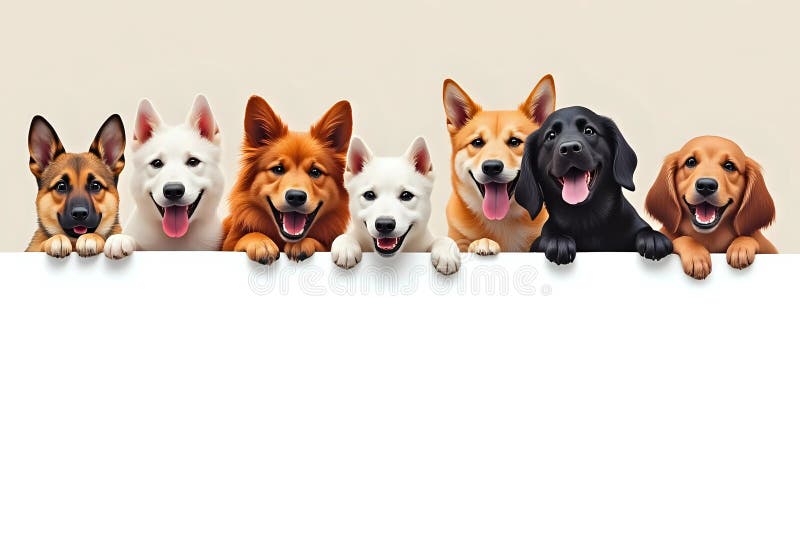 Large Group of Different Happy Dogs Peeking Behind a Blank Sign Stock ...