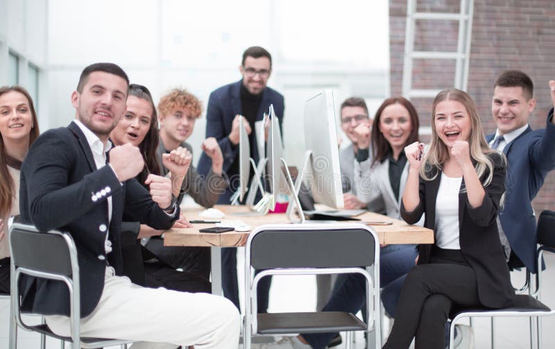 Large Group of Employees Sitting at Office Desk. Stock Photo - Image of ...