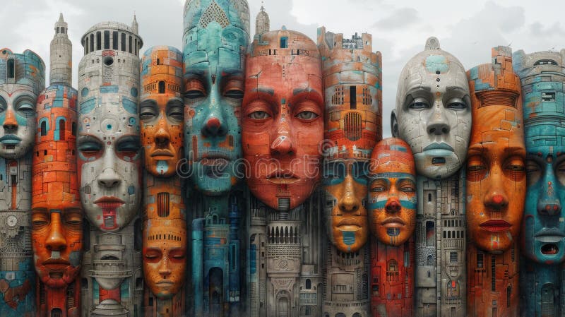 A Large Group of Faces Painted on a Wall in Different Colors, AI Stock ...