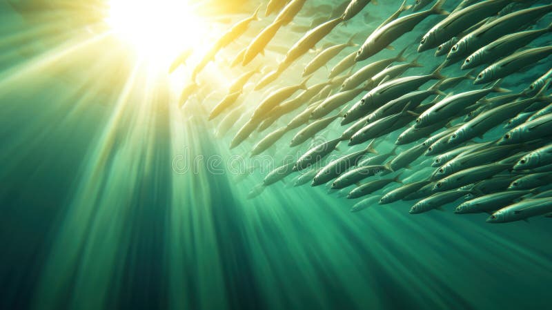 A Large Group of Fish Swimming in the Ocean with Sunlight Shining on ...