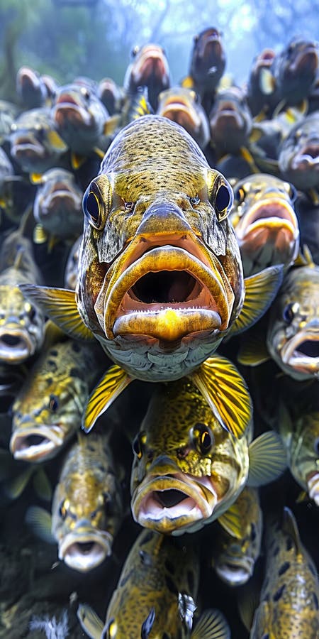 A Large Group of Fish with Their Mouths Open Stock Photo - Image of ...