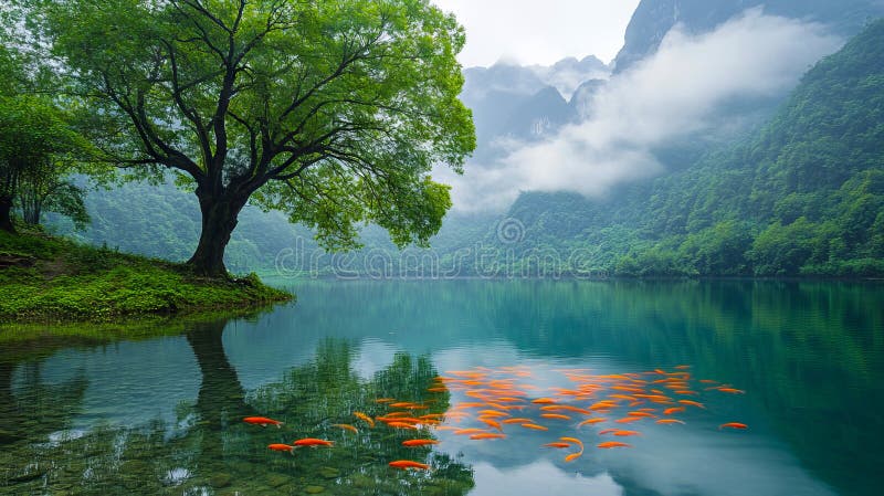 A Large Group of Goldfish Swimming in a Lake with a Tree in the ...