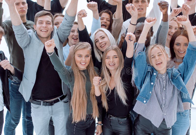 Large Group of Happy Young People with Hands Up Stock Photo - Image of ...