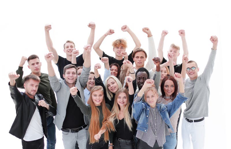 Large Group of Happy Young People with Hands Up Stock Photo - Image of ...