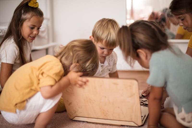 Large Group of Kids Playing Interactive Games in Bedroom. Stock Image ...