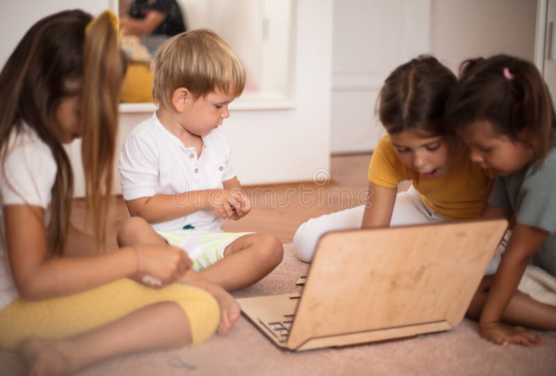 Large Group of Kids Playing Interactive Games in Bedroom. Stock Image ...