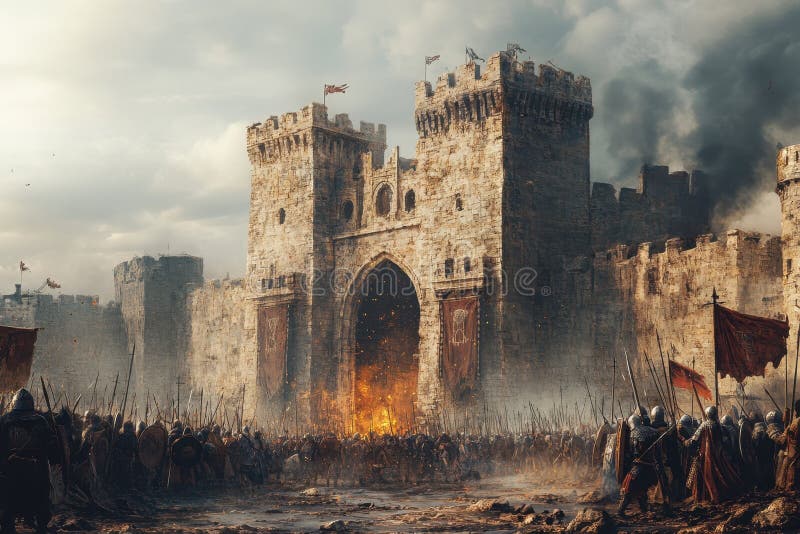 Medieval Battle at a Fortified Castle with Soldiers and Banners ...