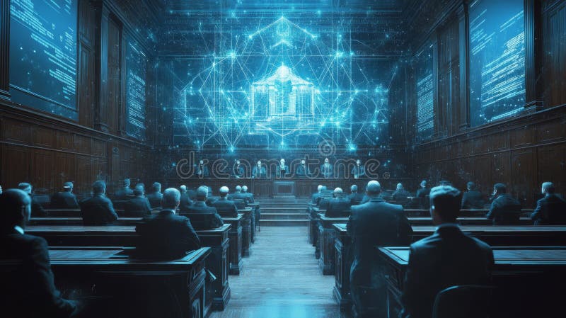 Large Group Meeting in a Grand Hall with Futuristic Blue Data ...