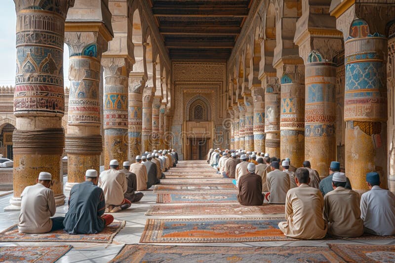 Muslims Praying in a Mosque, Ancient Architecture Stock Illustration ...