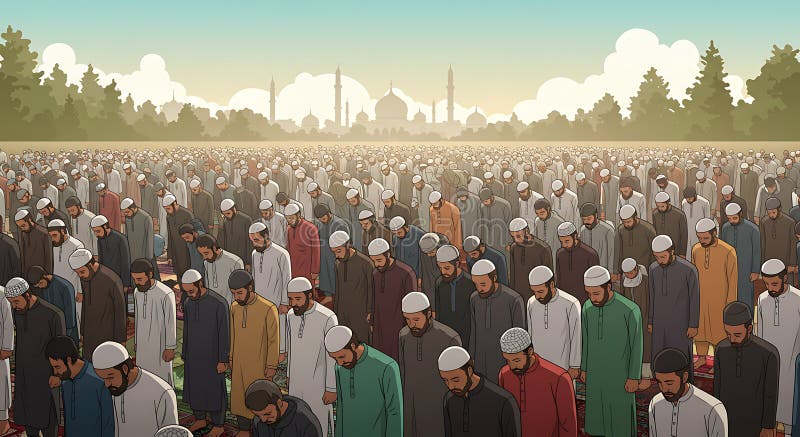 Muslim Men Praying at Mosque Eid Prayer Gathering Illustration Stock ...