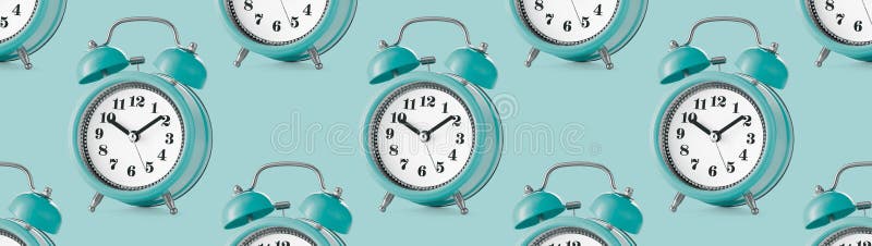 Large Group of Old-style Alarm Clocks on a Plain Background. Banner ...