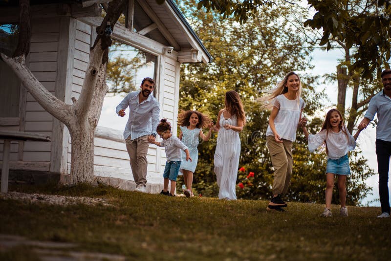 Large Group of People in Backyard. Fun in Backyard Stock Photo - Image ...