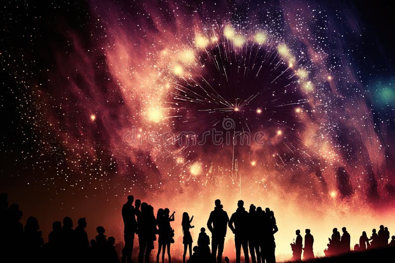 A Large Group of People Enjoying Fireworks Stock Illustration ...