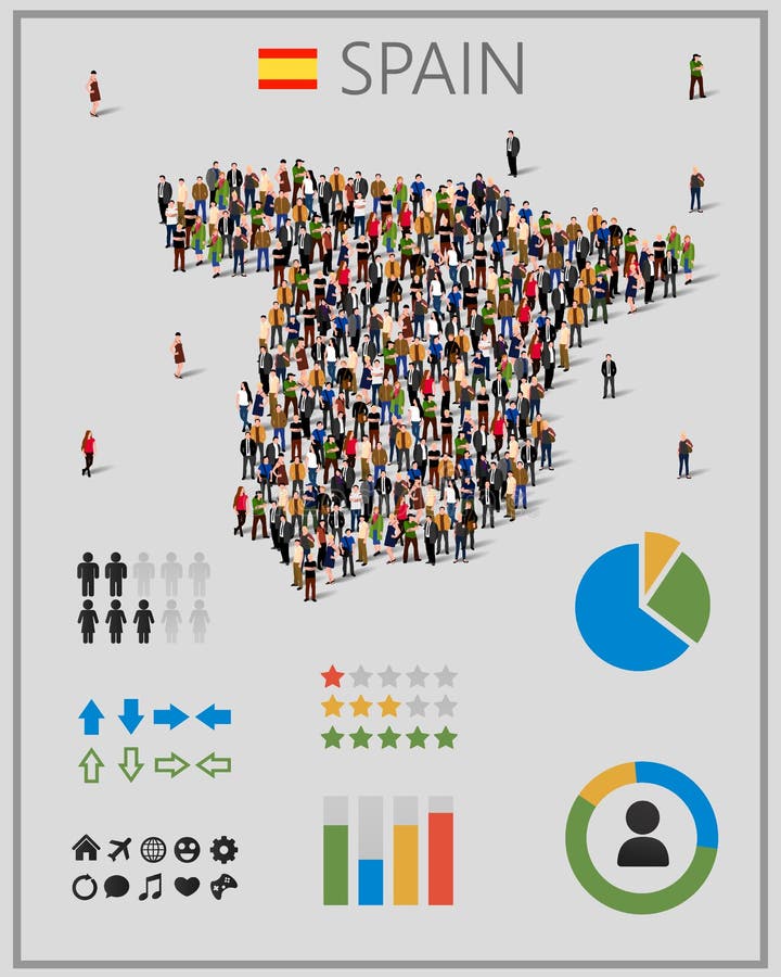 Large Group of People in Form of Spain Map with Infographics Elements ...