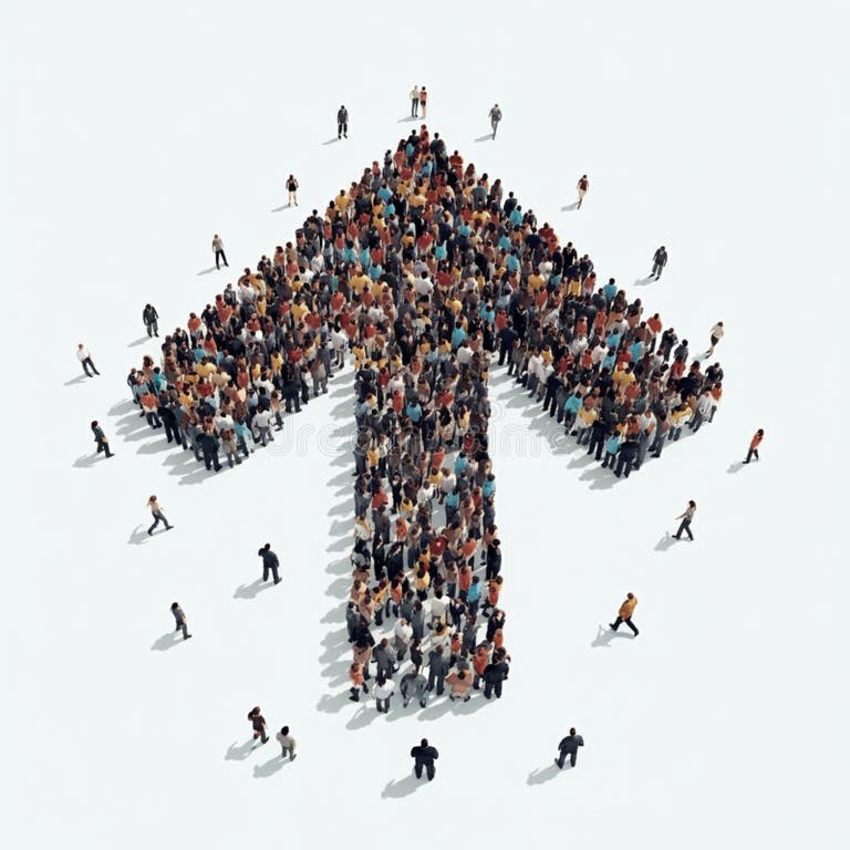 A Large Group of People Forms the Shape of an Upward-pointing Arrow on ...