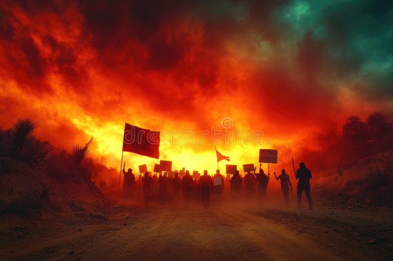 Fiery Protest: Silhouetted Crowd Demonstrating Against Injustice Stock ...
