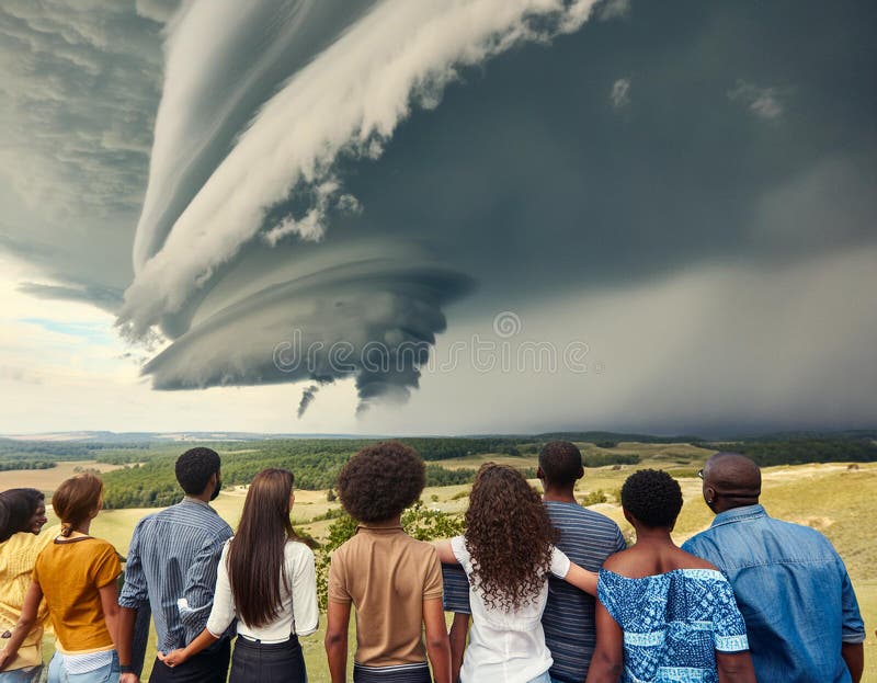Large Group of People Observing a Strong Storm with Large Tornado Stock ...
