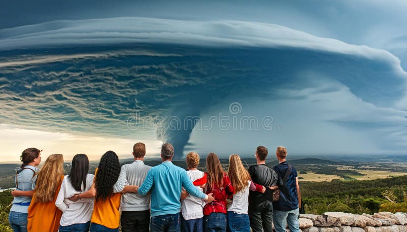 Large Group of People Observing a Strong Storm with Large Tornado Stock ...