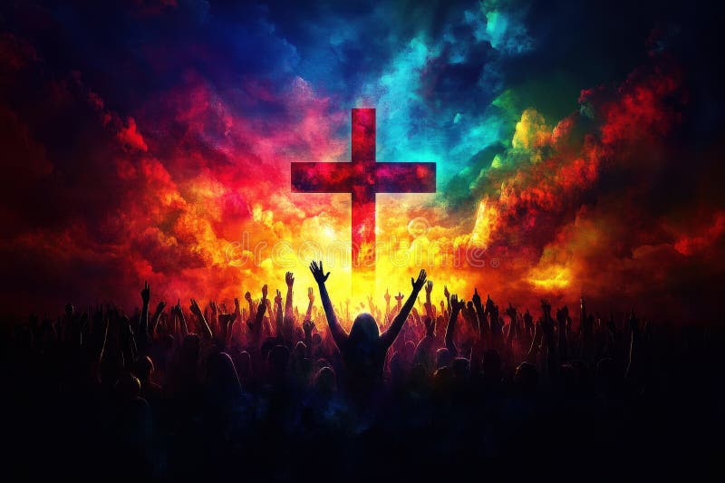 A Large Group of People Raising Hands in Praise with a Cross and ...