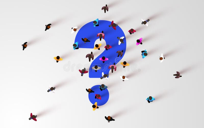 Large Group of People Standing Around Question Mark Sign. People Crowd ...