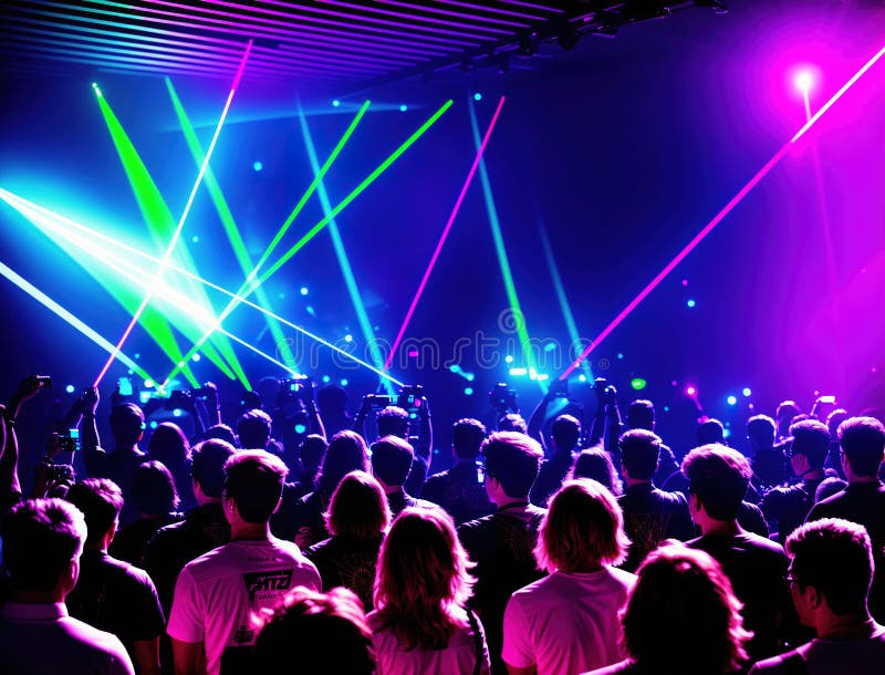 A Large Group of People Standing in a Dimly Lit Room with Bright Lights ...