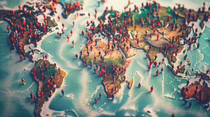 Large Group of People Standing on Top of a World Map Stock Photo ...