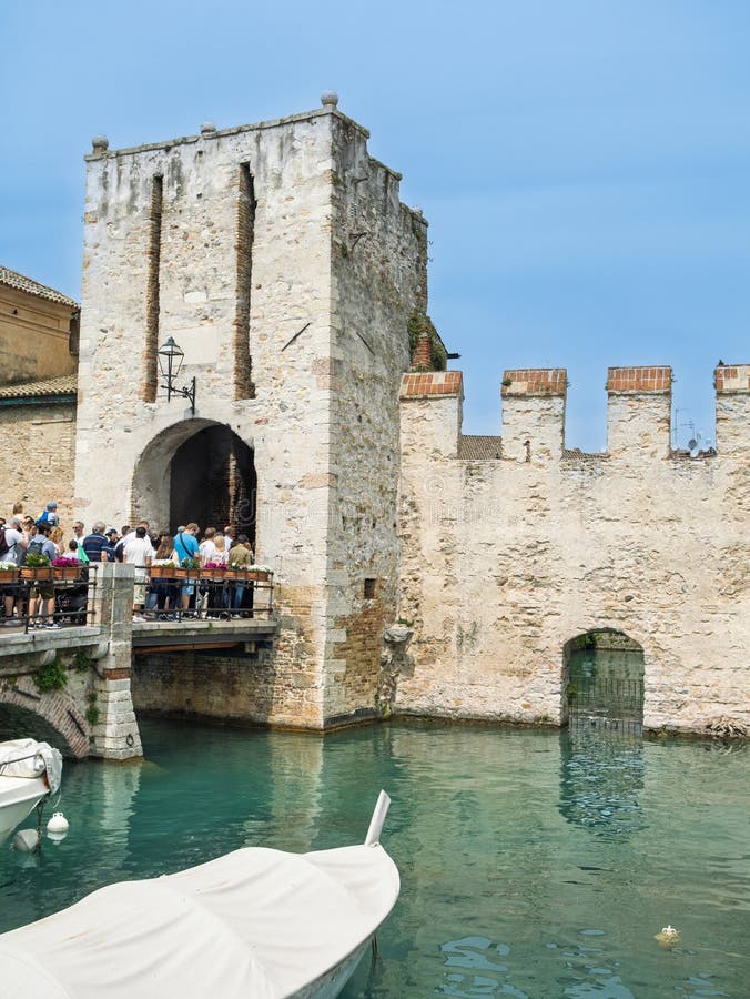 Large Group of People Visiting Ancient Sirmione Castle, Italy Editorial ...