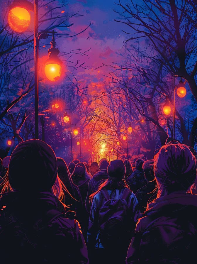 Crowd Walking Down a Stylized Winter Night Path Illuminated by Warm ...