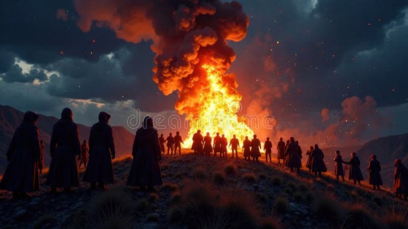 Large Group People Watching Enormous Fire Mountainous Landscape Night ...