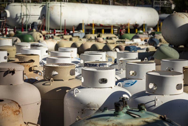 Close Up of a Large Group of Propane Tanks in an Industrial Yard Stock ...
