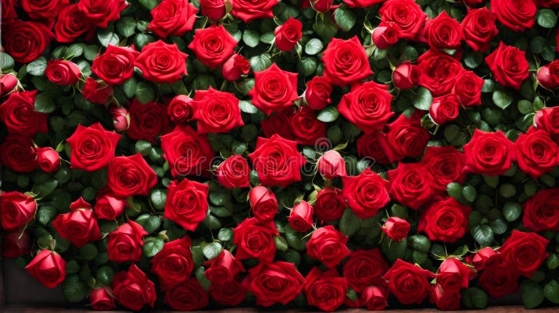 Large Group of Red Roses Arranged Together with Some Green Leaves Mixed ...