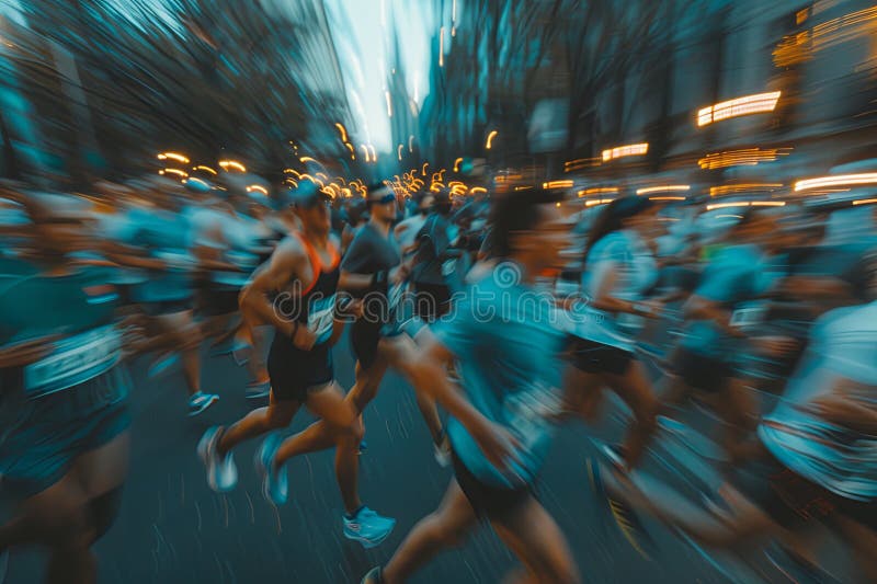 A Large Group of Runners in a Nighttime Marathon Move Quickly Down the ...