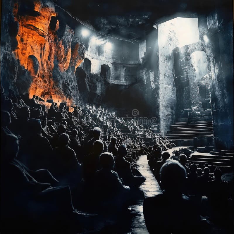 Large Group Sits in Amphitheater-like Structure. Dark Figures Fill Rows ...