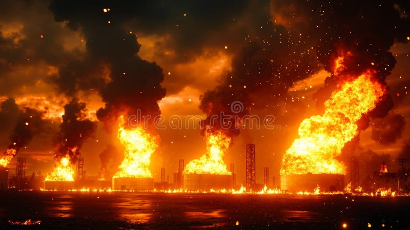 A Large Group of Large Tanks on Fire in the Middle of a Field Stock ...