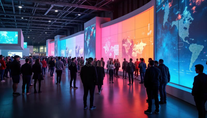 Large Group of Visitors Explore Modern Exhibition Hall. Interactive ...