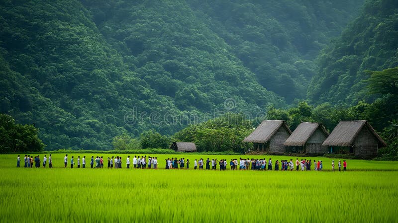 Large Group Walking through Green Rice Paddy Field Stock Illustration ...