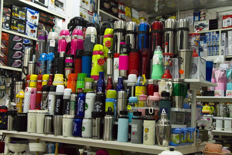 Large Group of Water, Tea and Coffee Container and Thermos in Shop ...