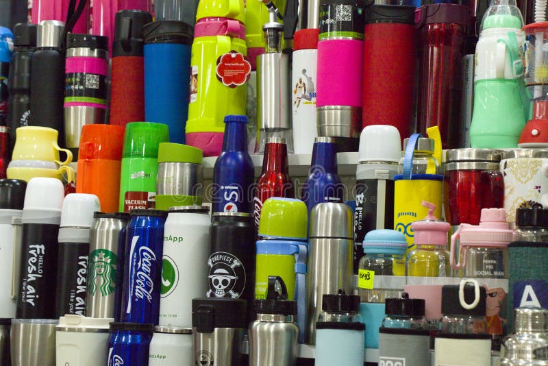 Large Group of Water, Tea and Coffee Container and Thermos in Shop ...