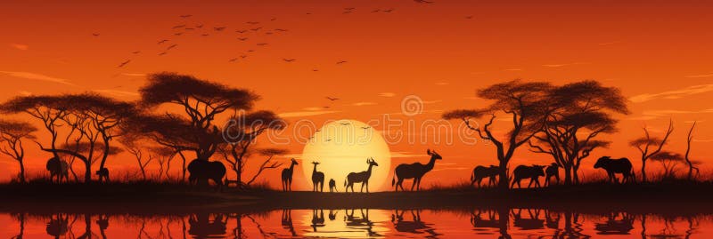 Large Group of Wild Safari Animals at Sunset with Reflection in the ...