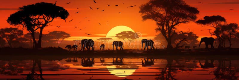 Large Group of Wild Safari Animals at Sunset with Reflection in the ...