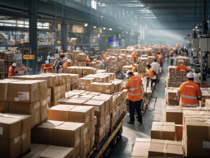 Large Group of Workers are Working at a Warehouse. Stock Illustration ...
