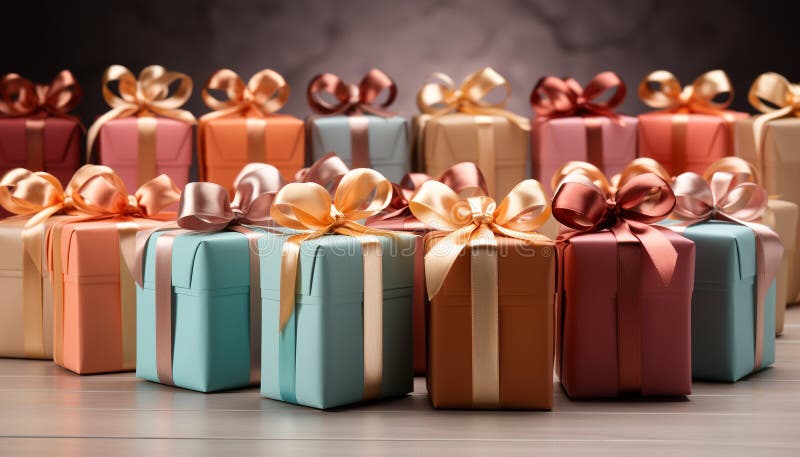 Large Group of Wrapped Gift Boxes in Shiny, Multi Colored Wrapping ...