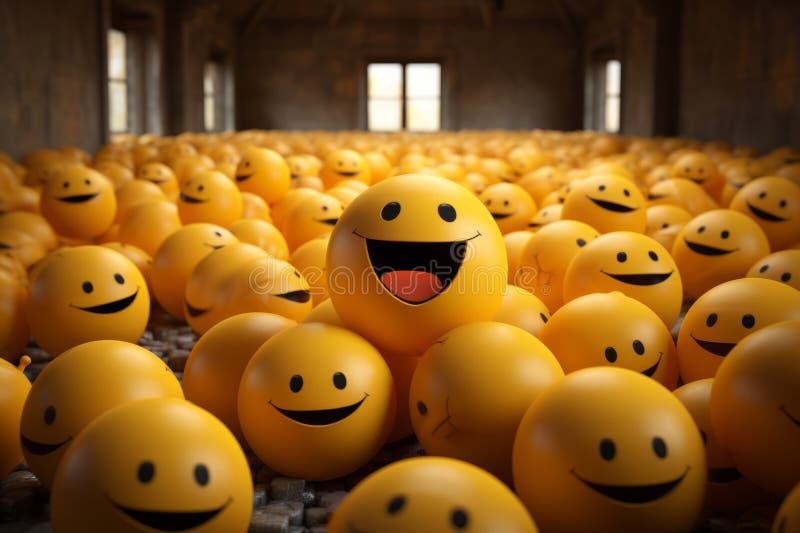 A Large Group of Yellow Smiley Faces in an Empty Room Stock ...